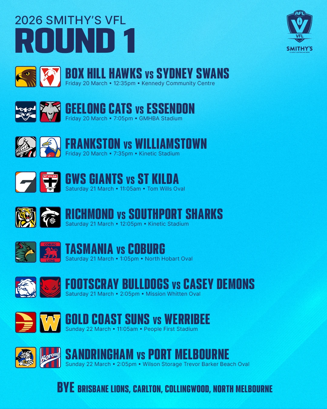 2026 Smithy’s VFL Round 1 fixture: Williamstown v Frankston ...